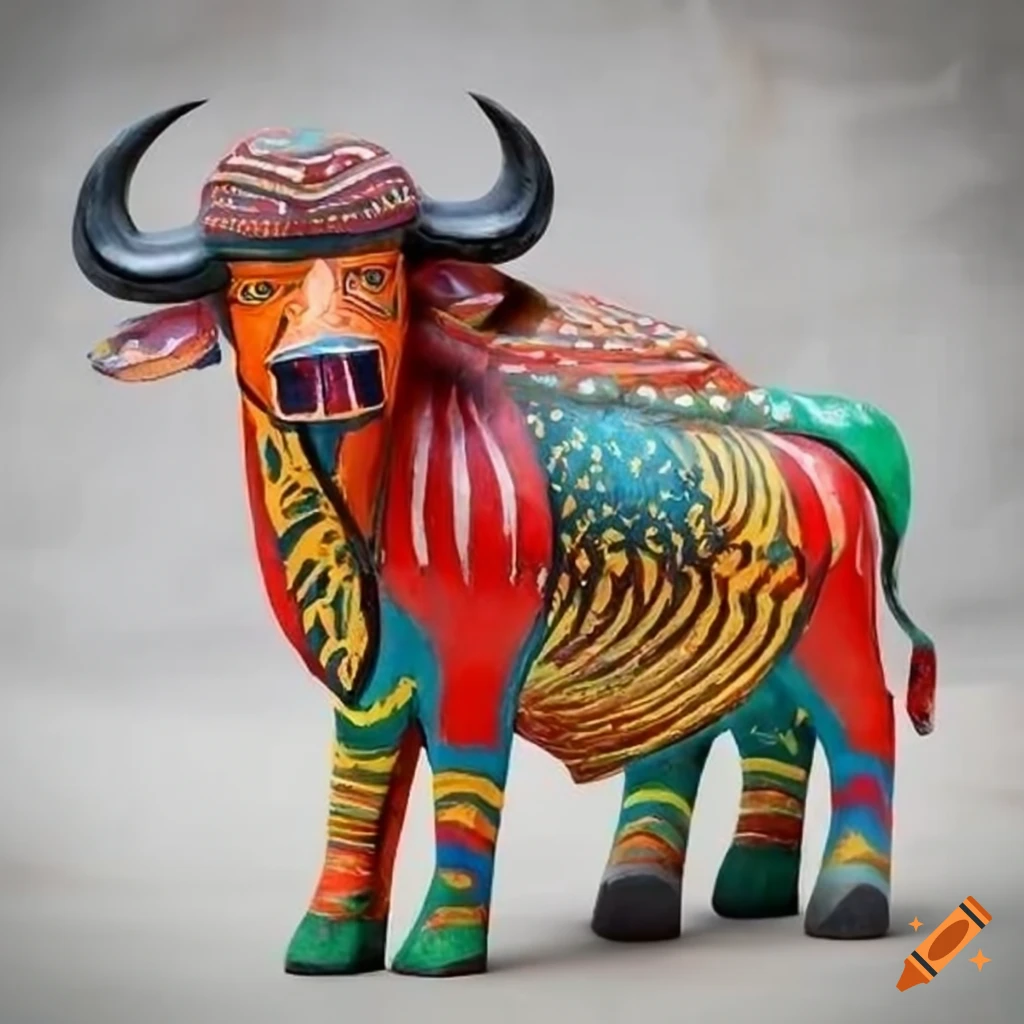Colorful wooden buffalo statue on Craiyon
