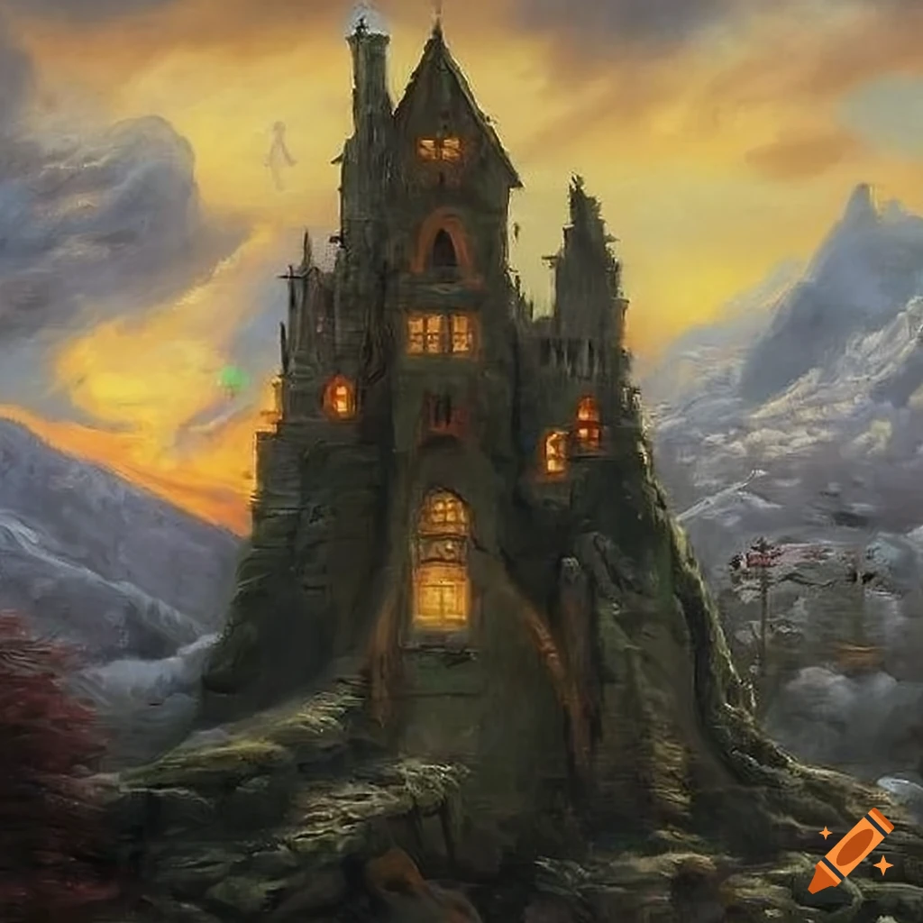 Painting of a dark wizard's tower in the mountains