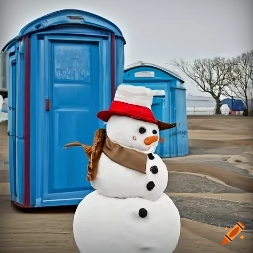 A snowman with sunglasses and bucket-hat leaving a porta-potty on Craiyon