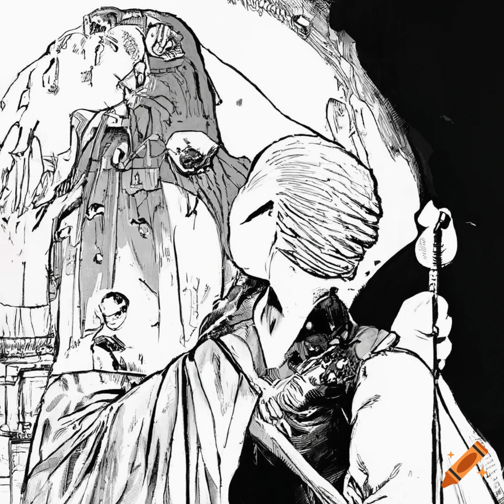 Black and white manga panel from an adventure comic on Craiyon