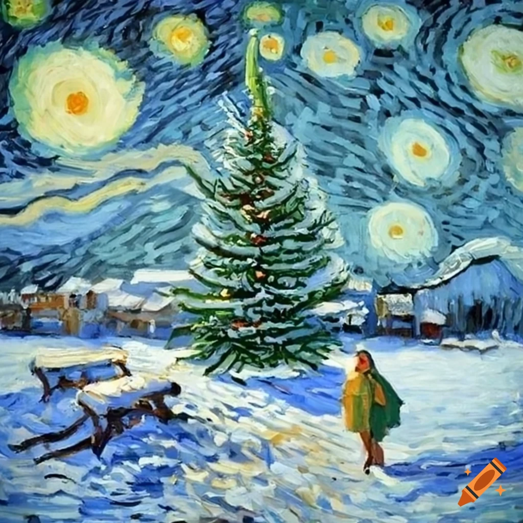 Van gogh-inspired christmas tree in the snow on Craiyon