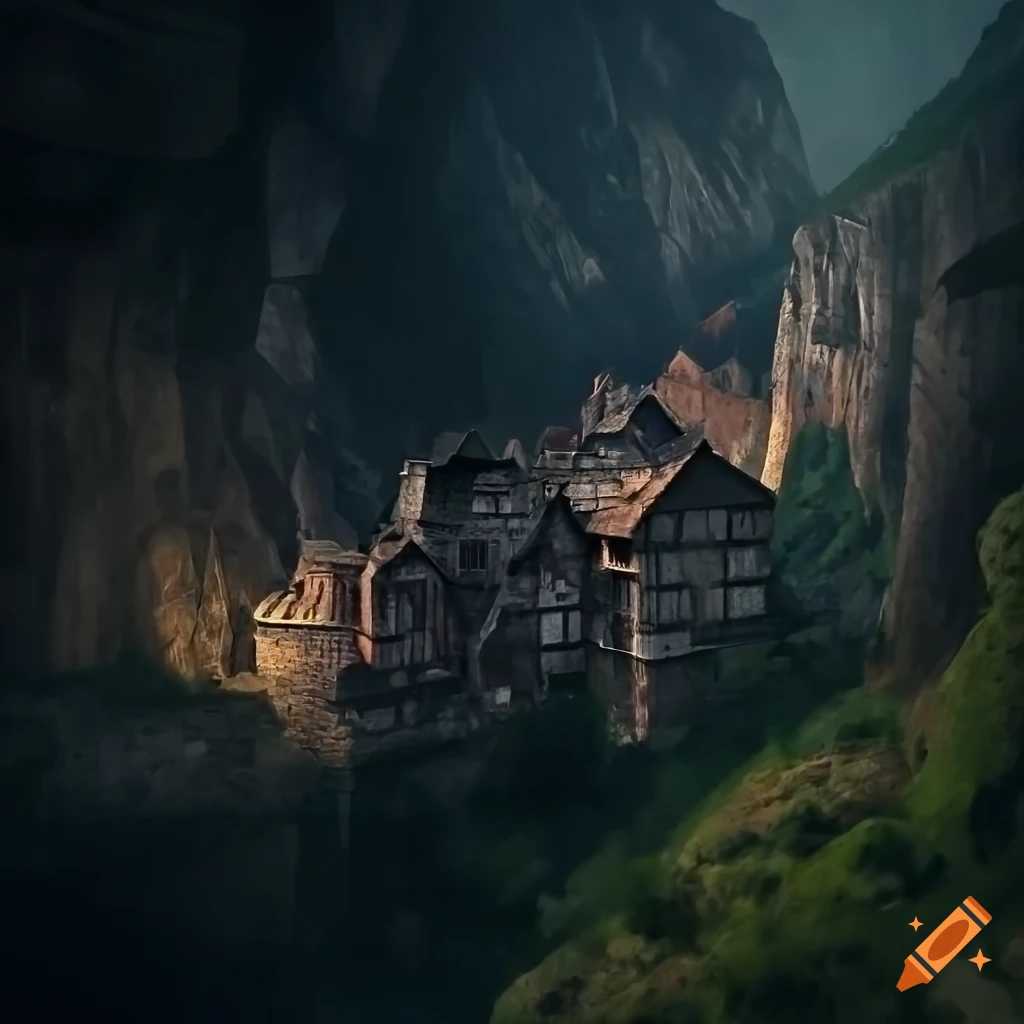 Fantasy buildings on the side of a vertical cliff with pathways cut ...