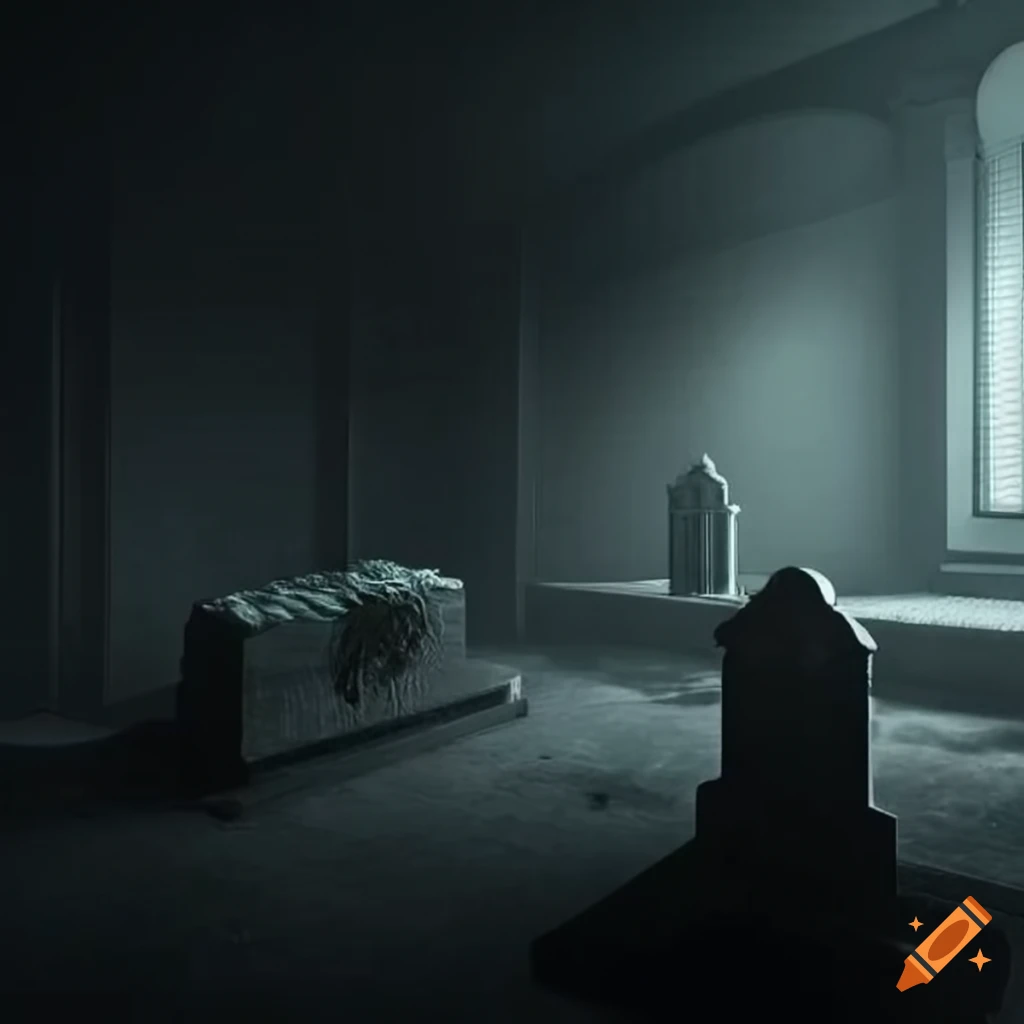 Interior of a somber room with a memorial