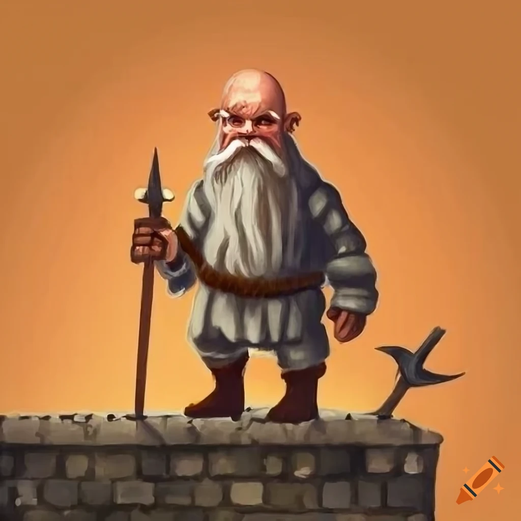 Fantasy illustration of a bald dwarf on a castle wall on Craiyon
