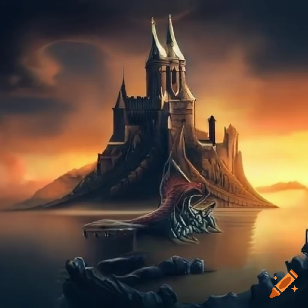 Illustration of a castle with a dragon on Craiyon