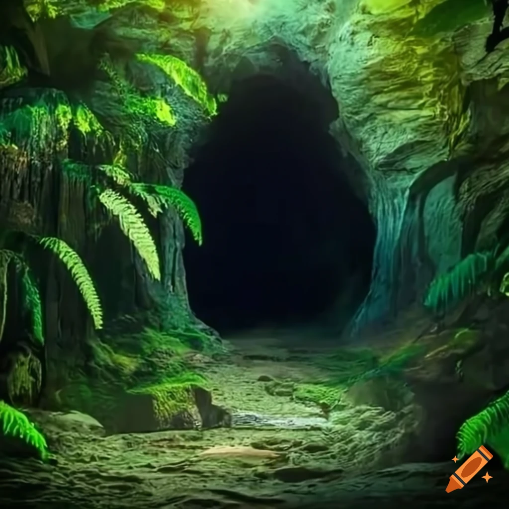 Mysterious cave entrance in a tropical forest on Craiyon