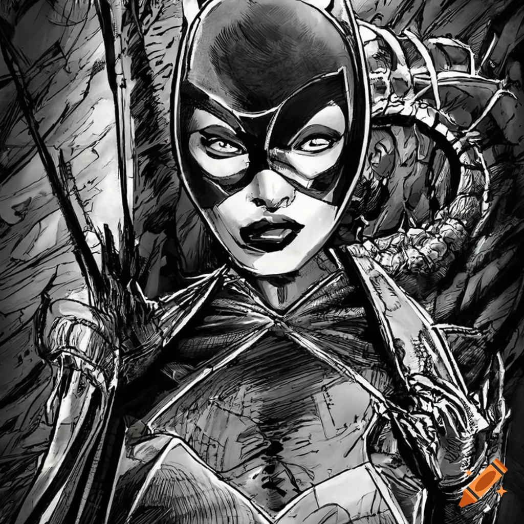 Ink drawing of catwoman saving batman from a dragon on Craiyon