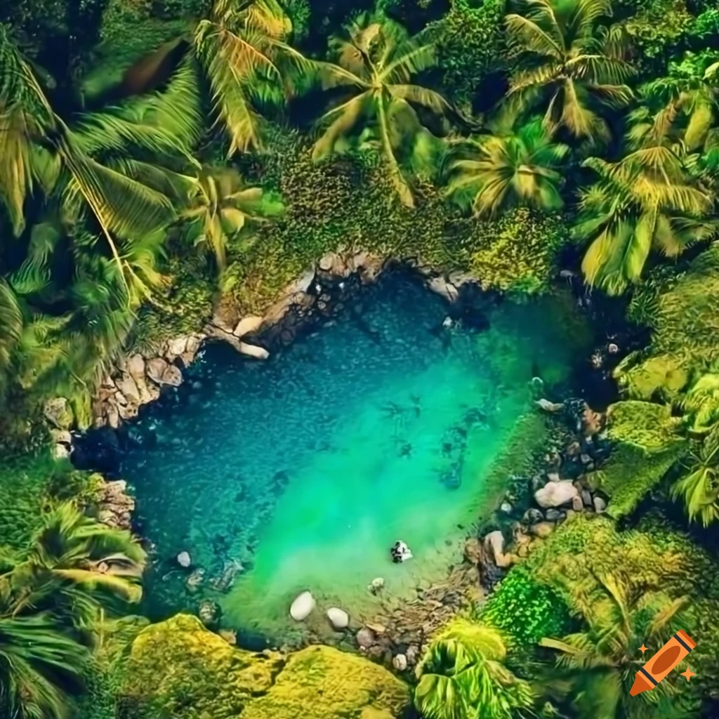 Top view of a pebble beach near a tropical forest