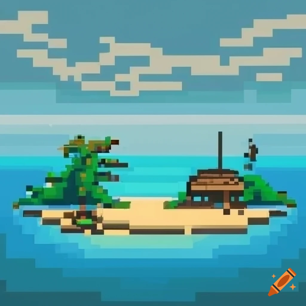 Pixel art of a tropical island with a stormy sky on Craiyon