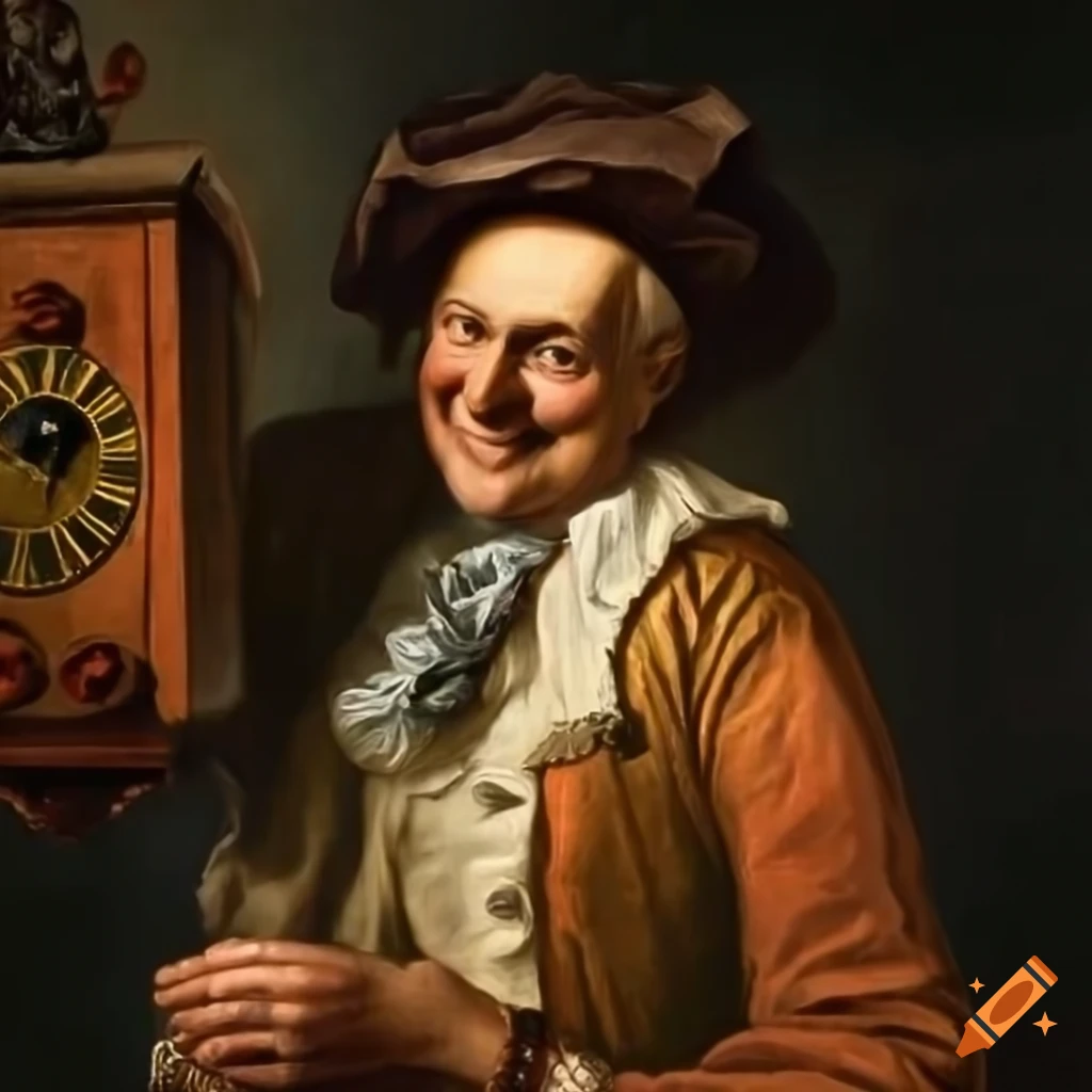 Baroque painting of a smiling merchant with a cuckoo clock on Craiyon