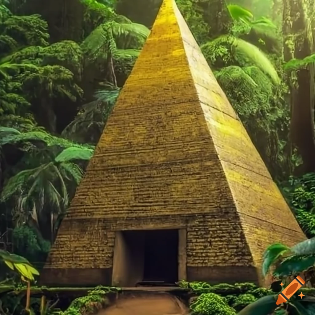 Golden pyramid in a lush tropical forest