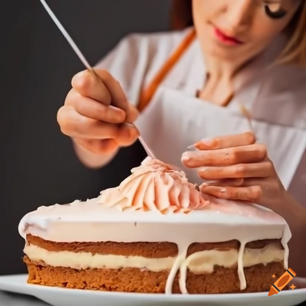 Carrot cake being decorated with frosting by a pastry chef on Craiyon