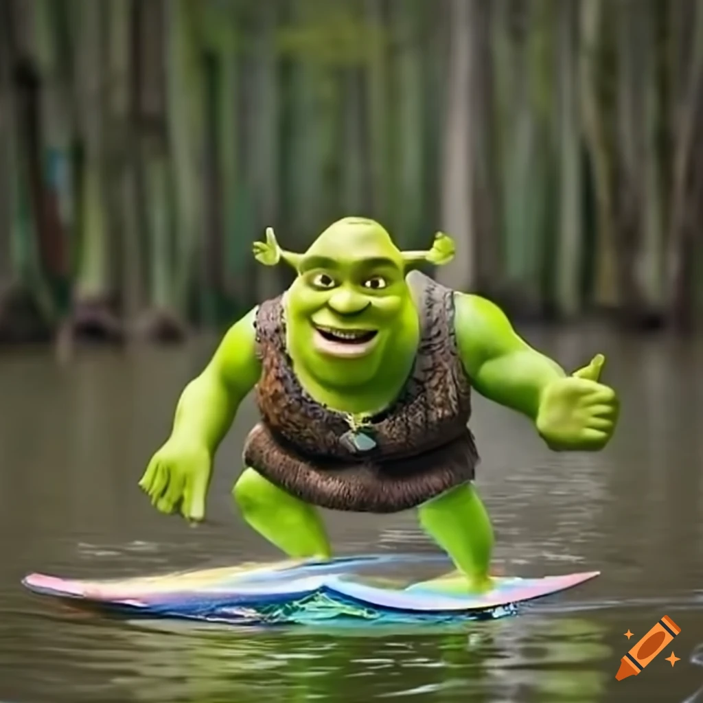 Shrek surfing in his swamp on Craiyon