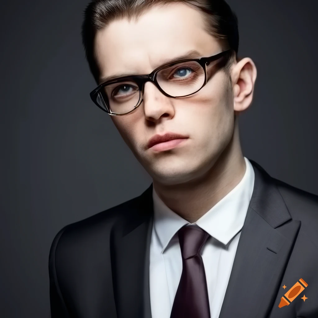 Distinguished Gentleman With Wavy Red Hair Green Eyes Glasses Black Suit And Blue Tie On Craiyon