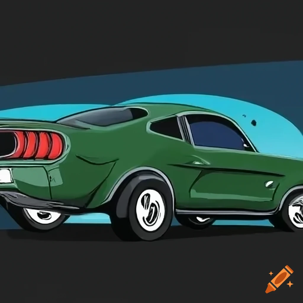 Cartoon illustration of a Ford Mustang Bullitt on a race track on Craiyon