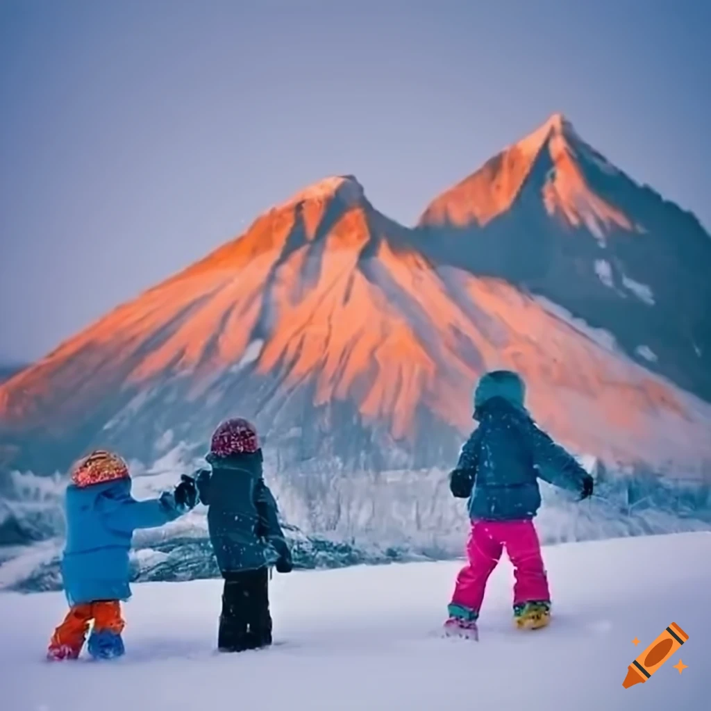Kids playing in the snow with a mountain backdrop