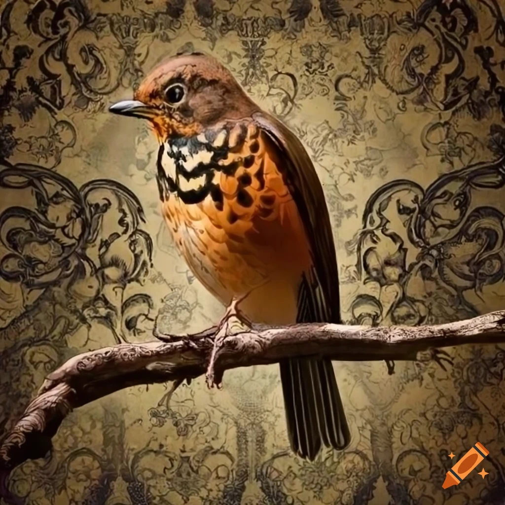 Art nouveau Andean thrush on a branch with vintage wallpaper background ...
