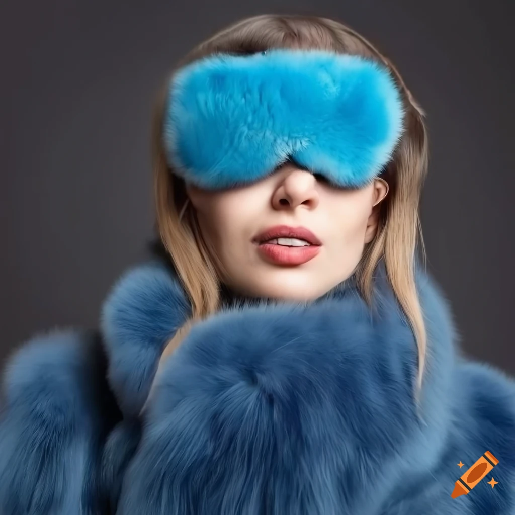 Woman wearing a blue fur sleep mask and fluffy coat on Craiyon