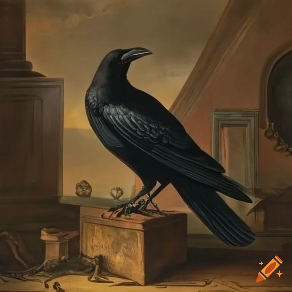 Vintage chromolithograph of a raven indoors on Craiyon