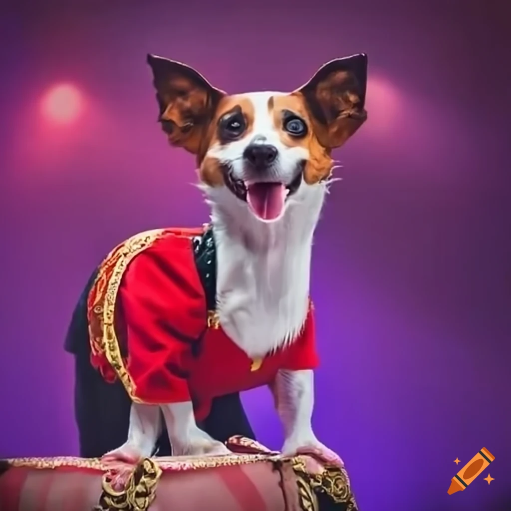 Dog dressed as circus ringmaster talking to spectators on Craiyon