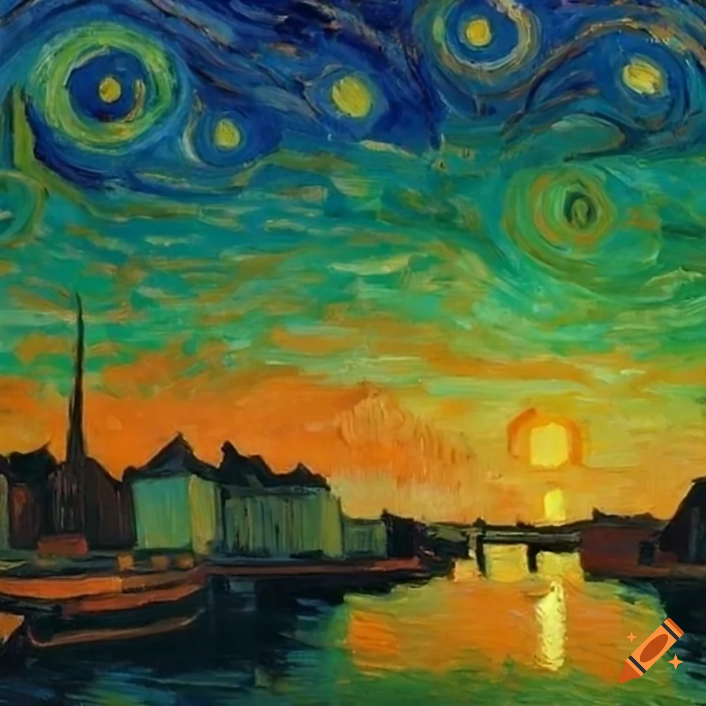 Painting of a sunset in a town by edward hopper and vincent van gogh