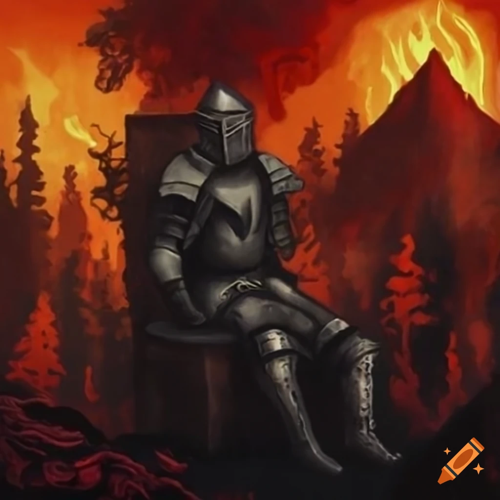 Dark fantasy painting of a knight by a fire on Craiyon