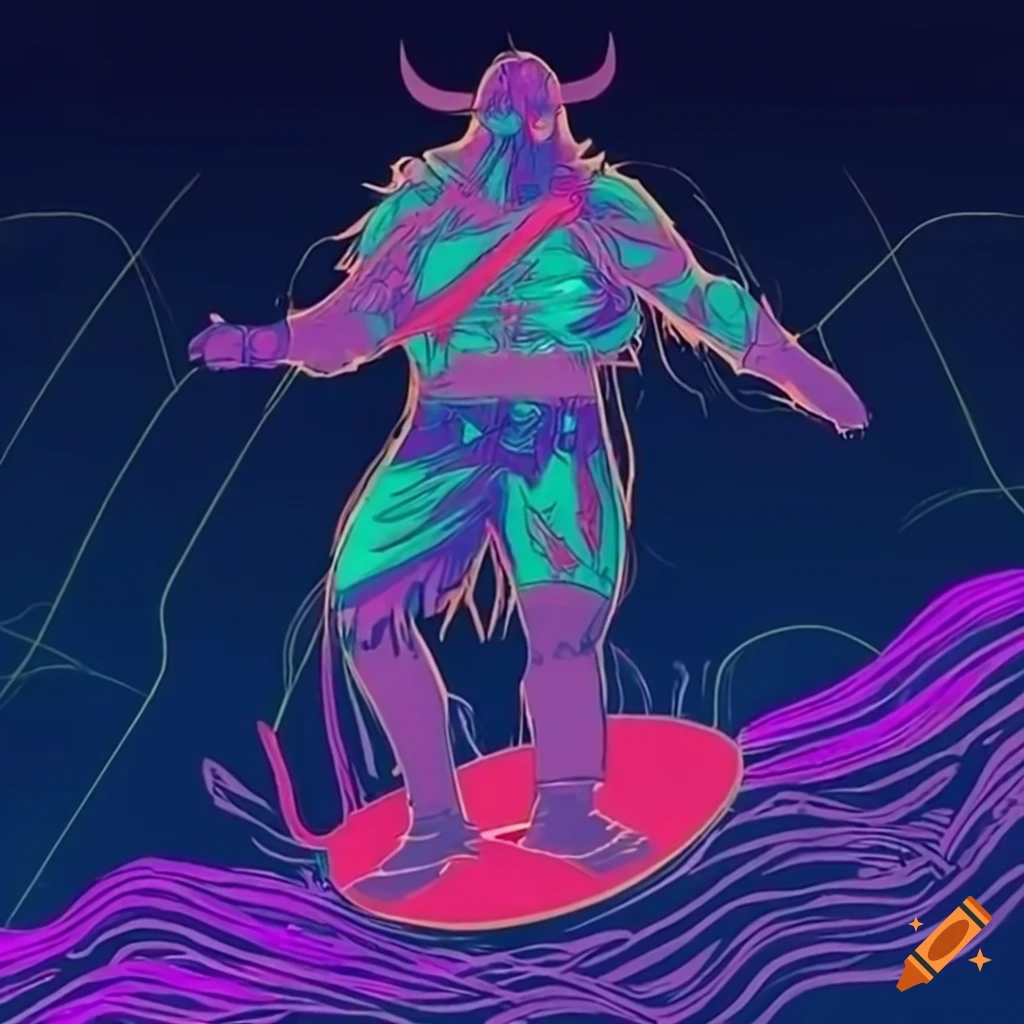 Synthwave viking surfing on ocean waves