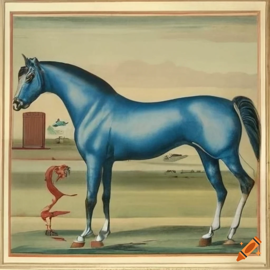 Surreal chromolithograph of a blue horse with geometric decor on Craiyon