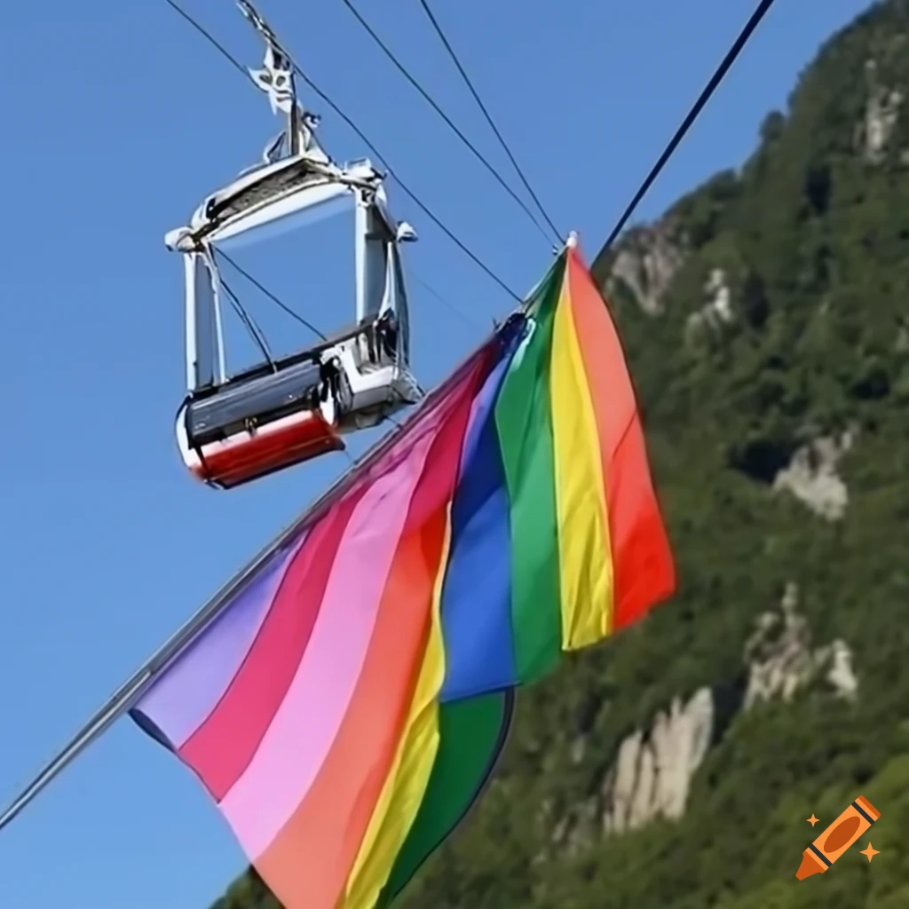 Colorful pride flags on a cable car