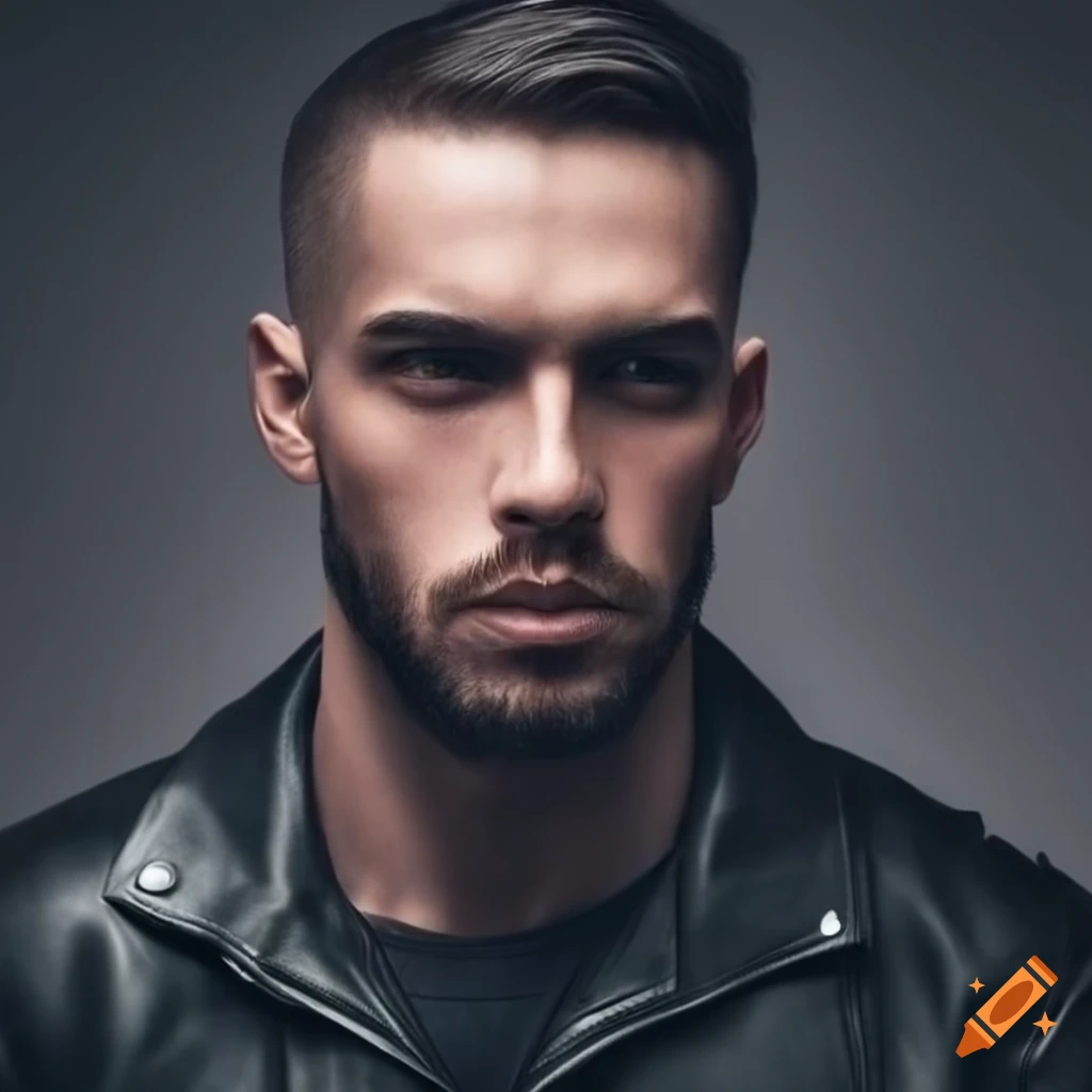 Portrait of a handsome man in a leather jacket on Craiyon