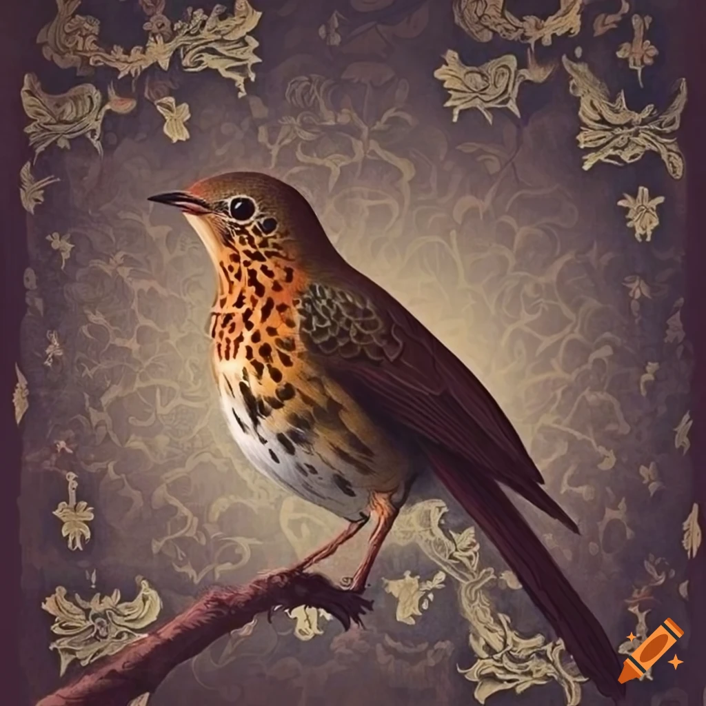 Art nouveau Andean slaty thrush on vintage wallpaper on Craiyon