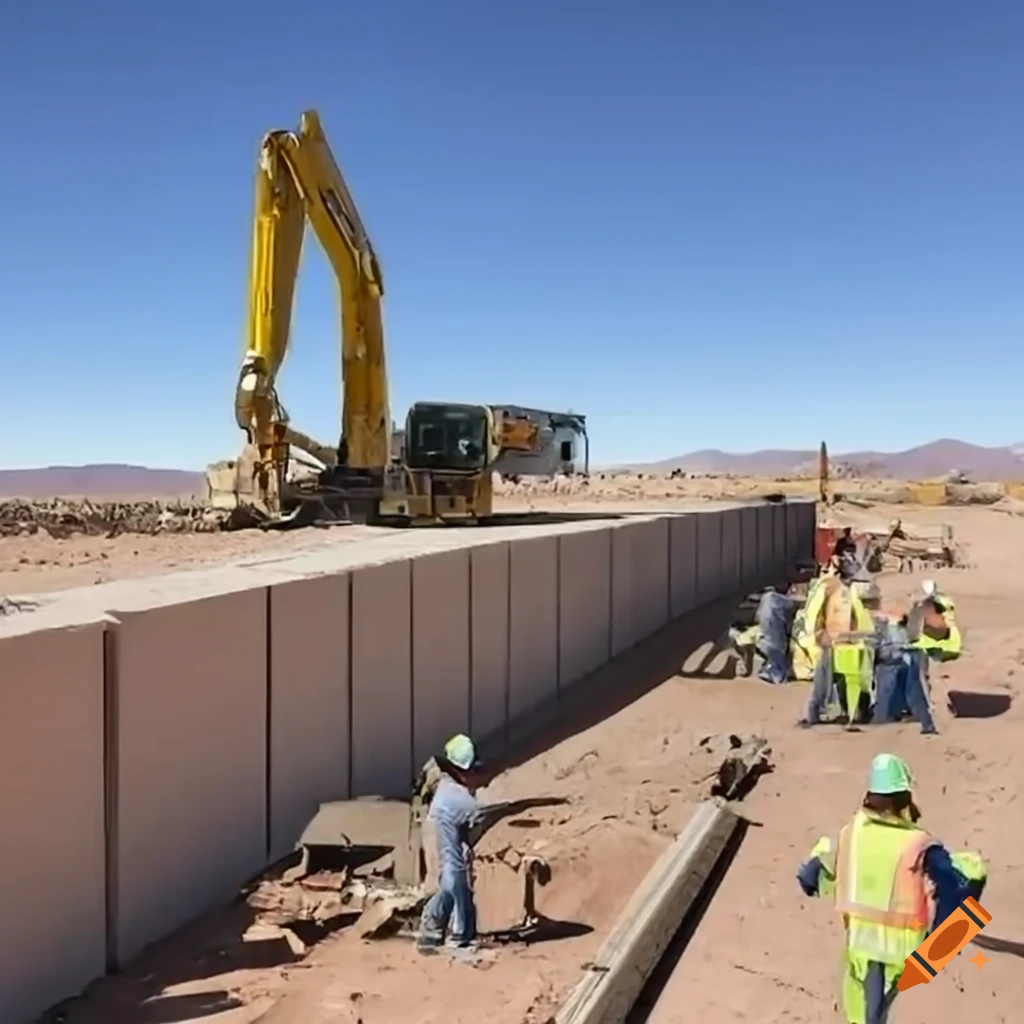Construction workers building a massive wall in the desert