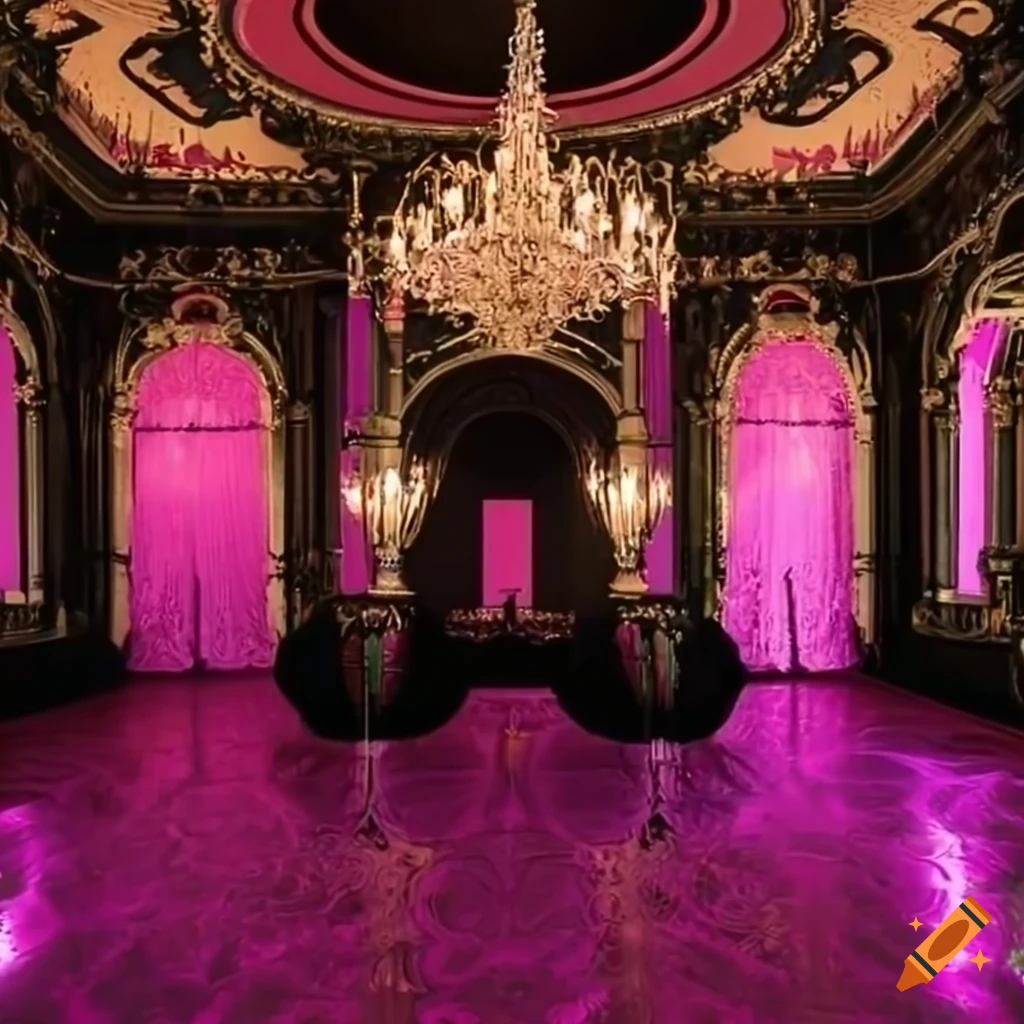 Illustration of a girl on a collapsed buffet table in a ballroom on Craiyon