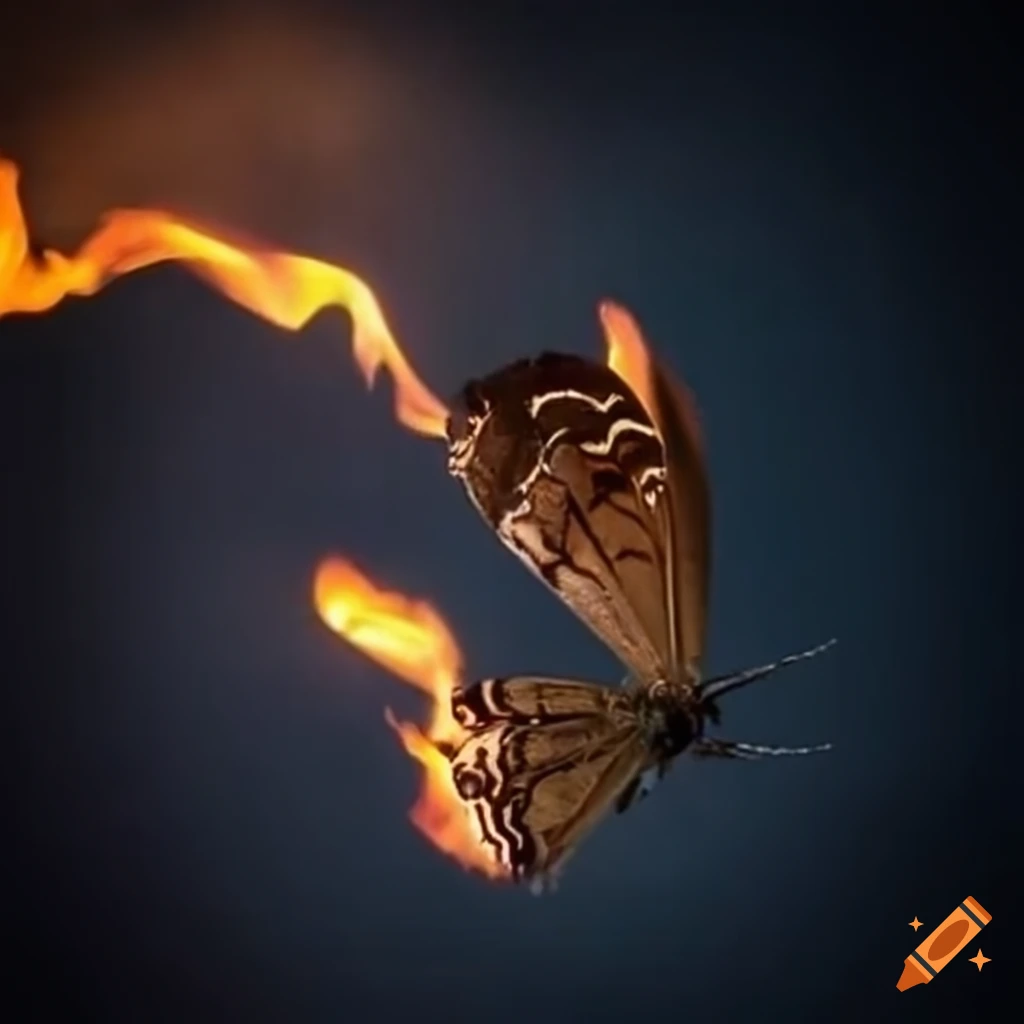Artistic representation of a moth attracted to a fiery light on Craiyon