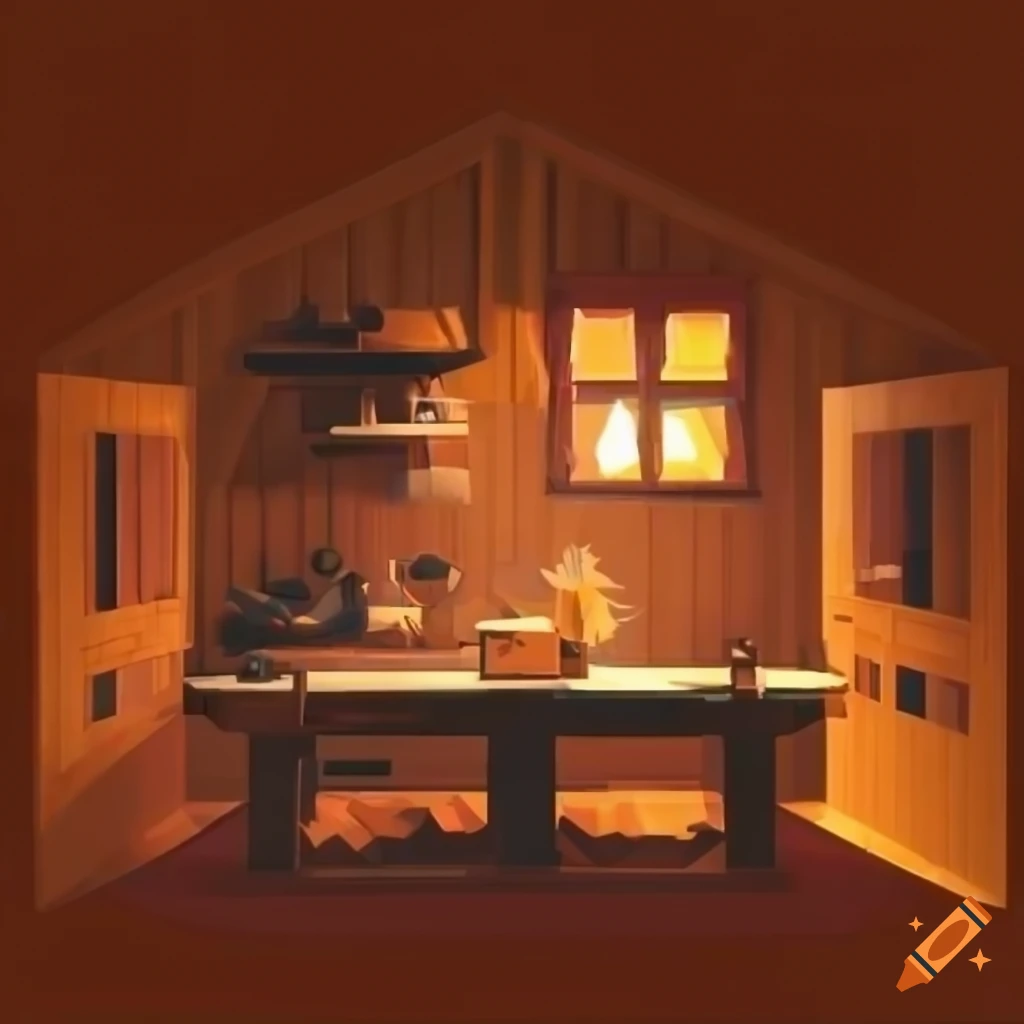 Low poly art style interior of a medieval carpenter wood shop