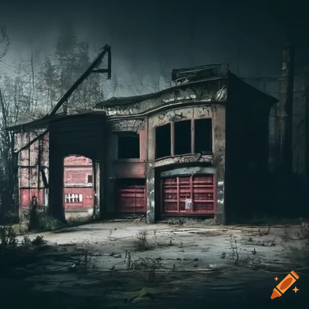 Eerie abandoned fire station in the dark forest on Craiyon