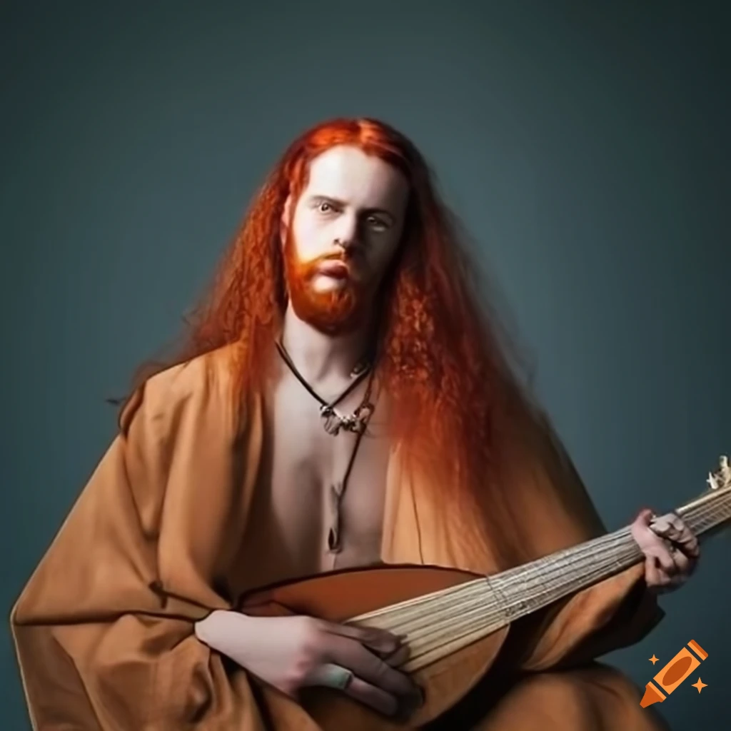 Older male lute player with blonde bob haircut in medieval fantasy ...