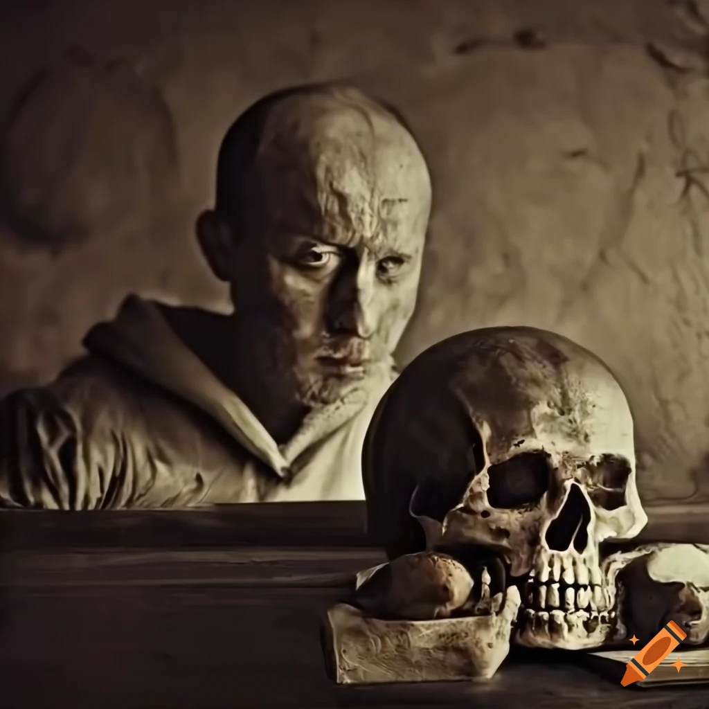 Black and white image of a man studying a skull on Craiyon