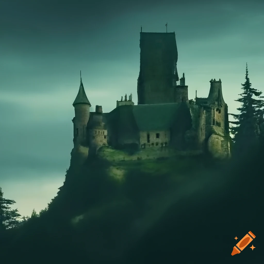 Sunset view of an old castle in a green landscape on Craiyon