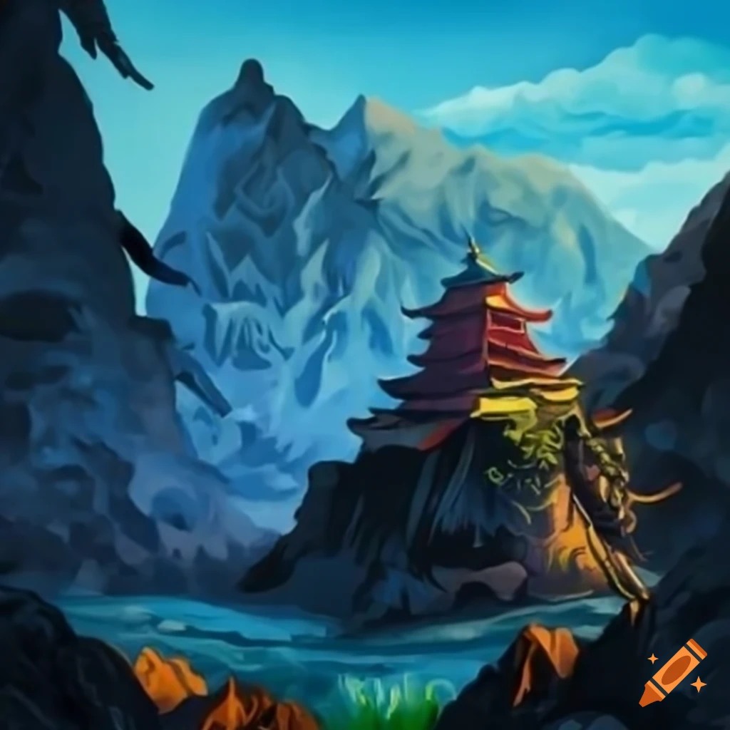 Comic-style ninja samurai temple mountain landscape on Craiyon