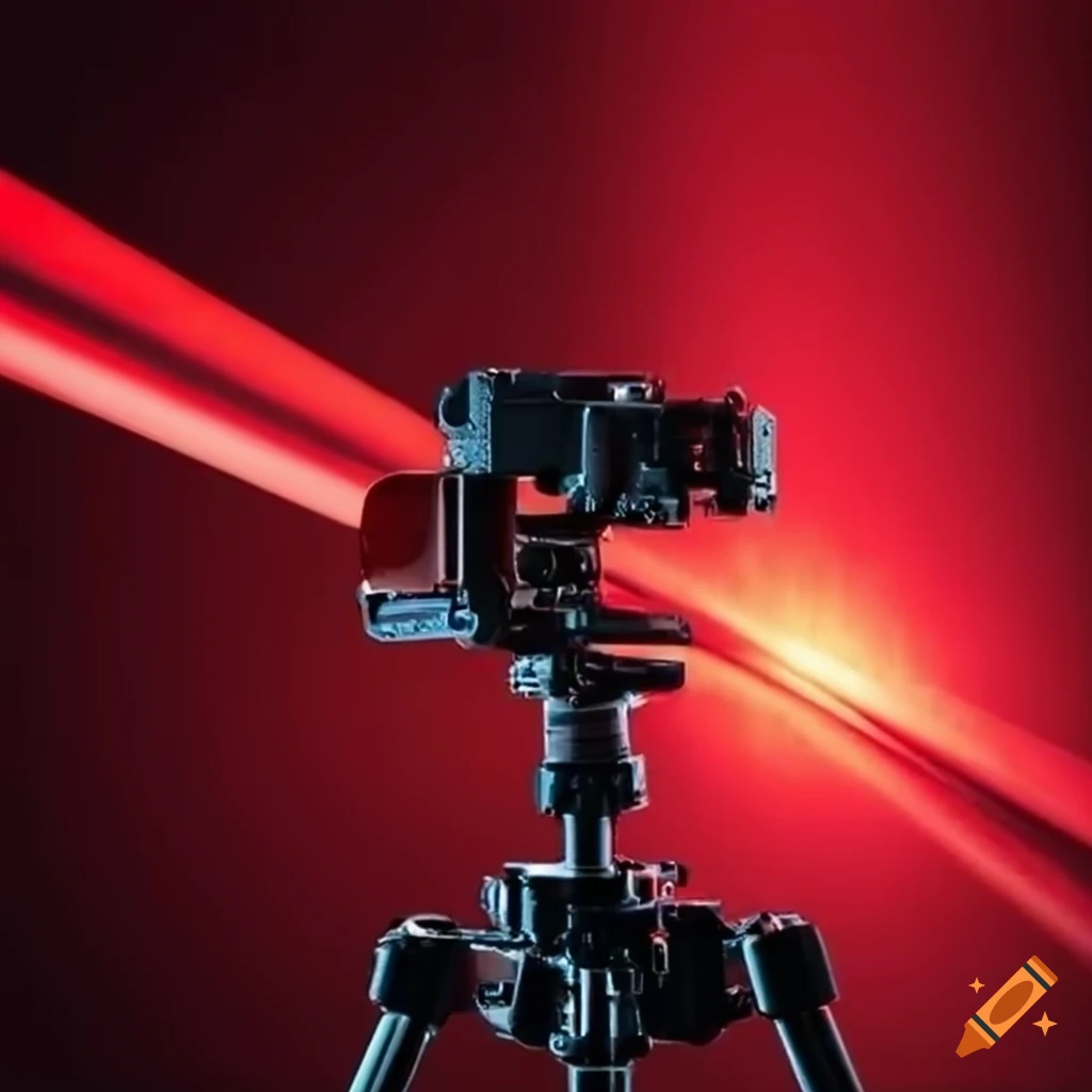 Red laser beams targeting a machine