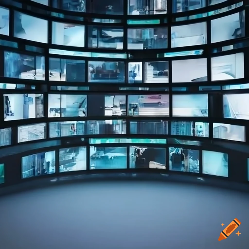 Futuristic office with multiple TV screens on walls on Craiyon