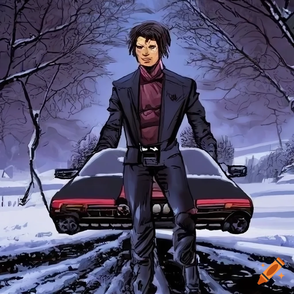 Comic book art of Knight Rider K.I.T.T car in snowy road on Craiyon