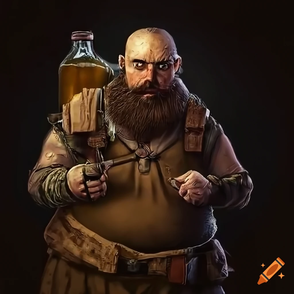A chubby dwarf drinking beer in a medieval tavern (rpg theme) on Craiyon