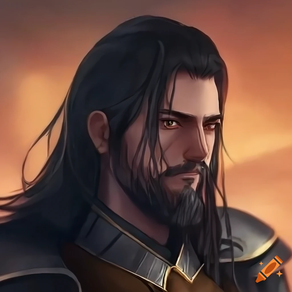 Detailed artwork of a strong knight with black hair and a beard on Craiyon