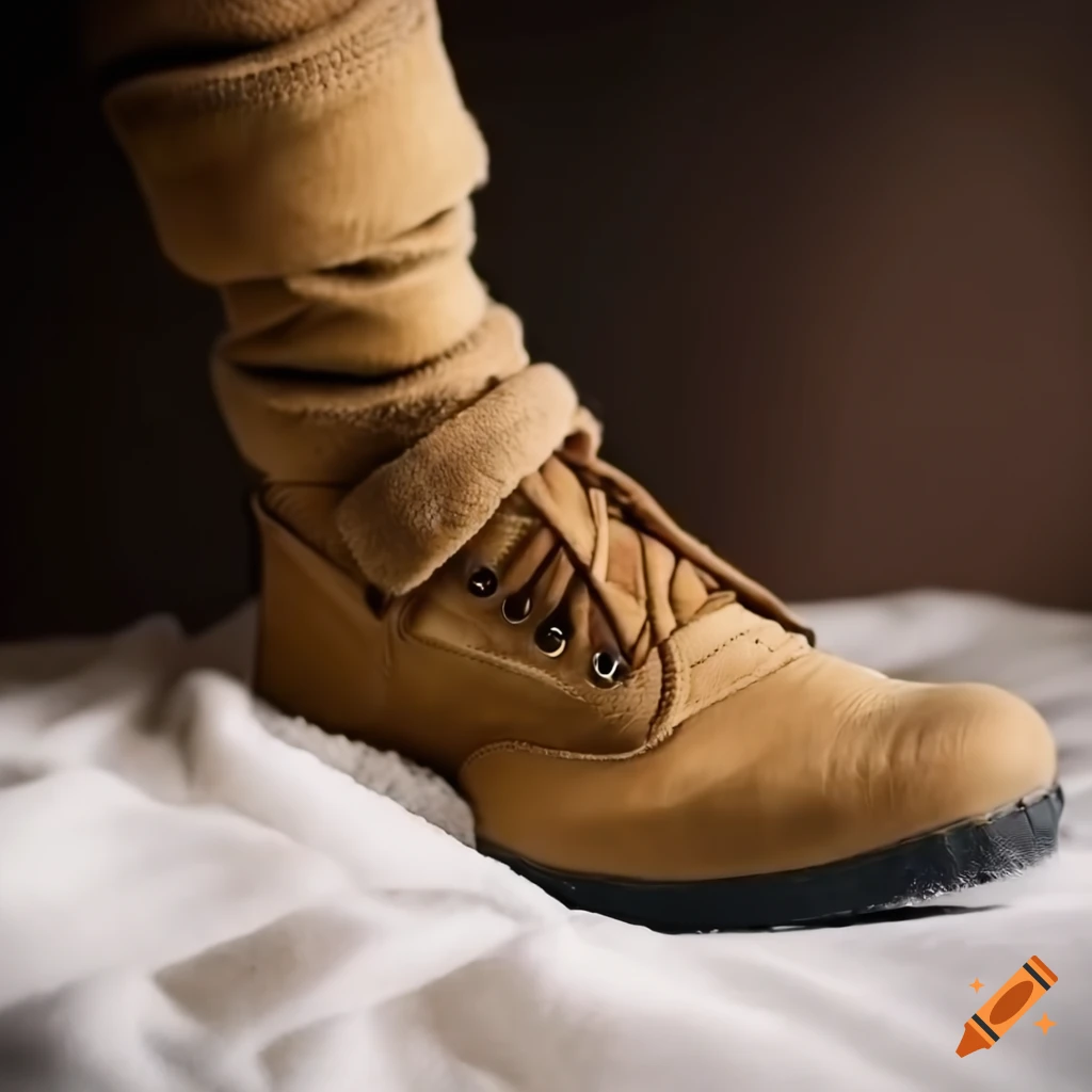 Close-up of winter boots sinking into a soft blanket on Craiyon