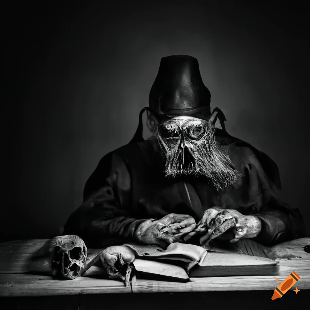 Black and white image of an old man studying in an underground study on ...