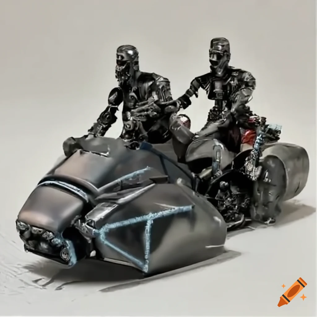 Cinematic motorcycle chase with Terminator robots on Craiyon