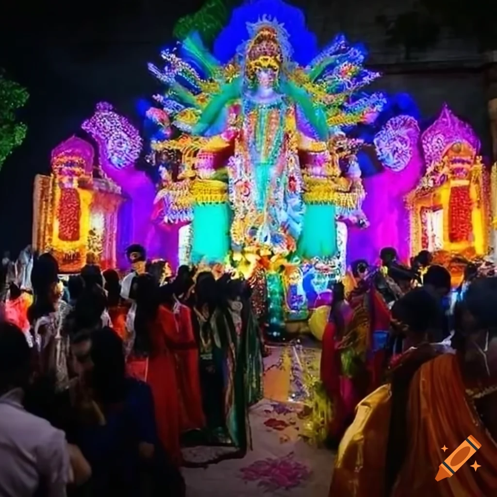 Vibrant durga puja pandal with colorful lights on Craiyon