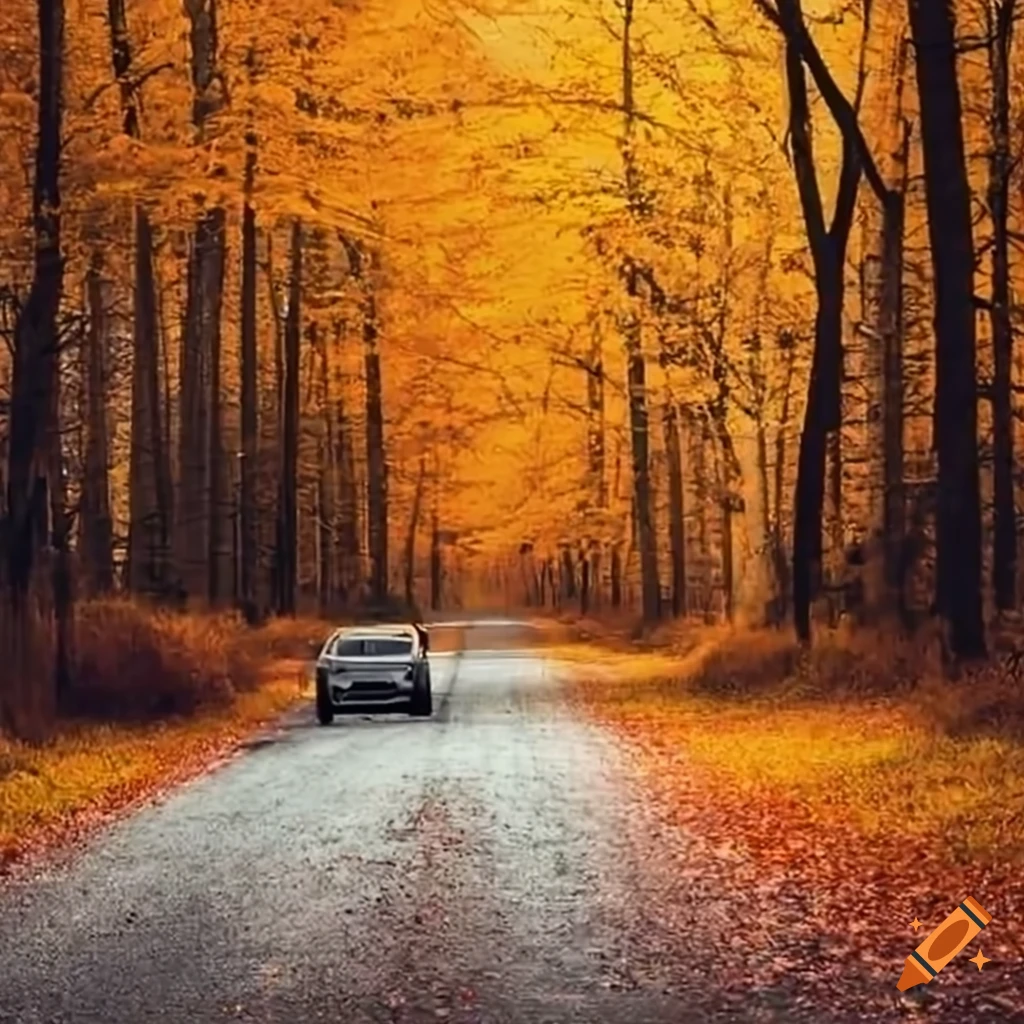 Autumn road with an suv driving